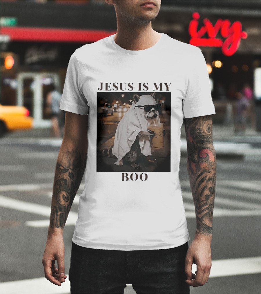 Jesus Is My Boo Raccoon With Iced Coffee And Sunglasses T-Shirt