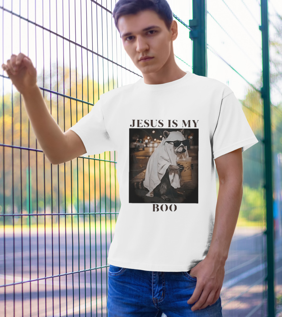 Jesus Is My Boo Raccoon With Iced Coffee And Sunglasses T-Shirt