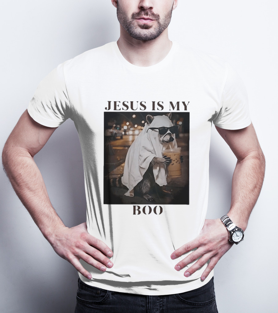 Jesus Is My Boo Raccoon With Iced Coffee And Sunglasses T-Shirt
