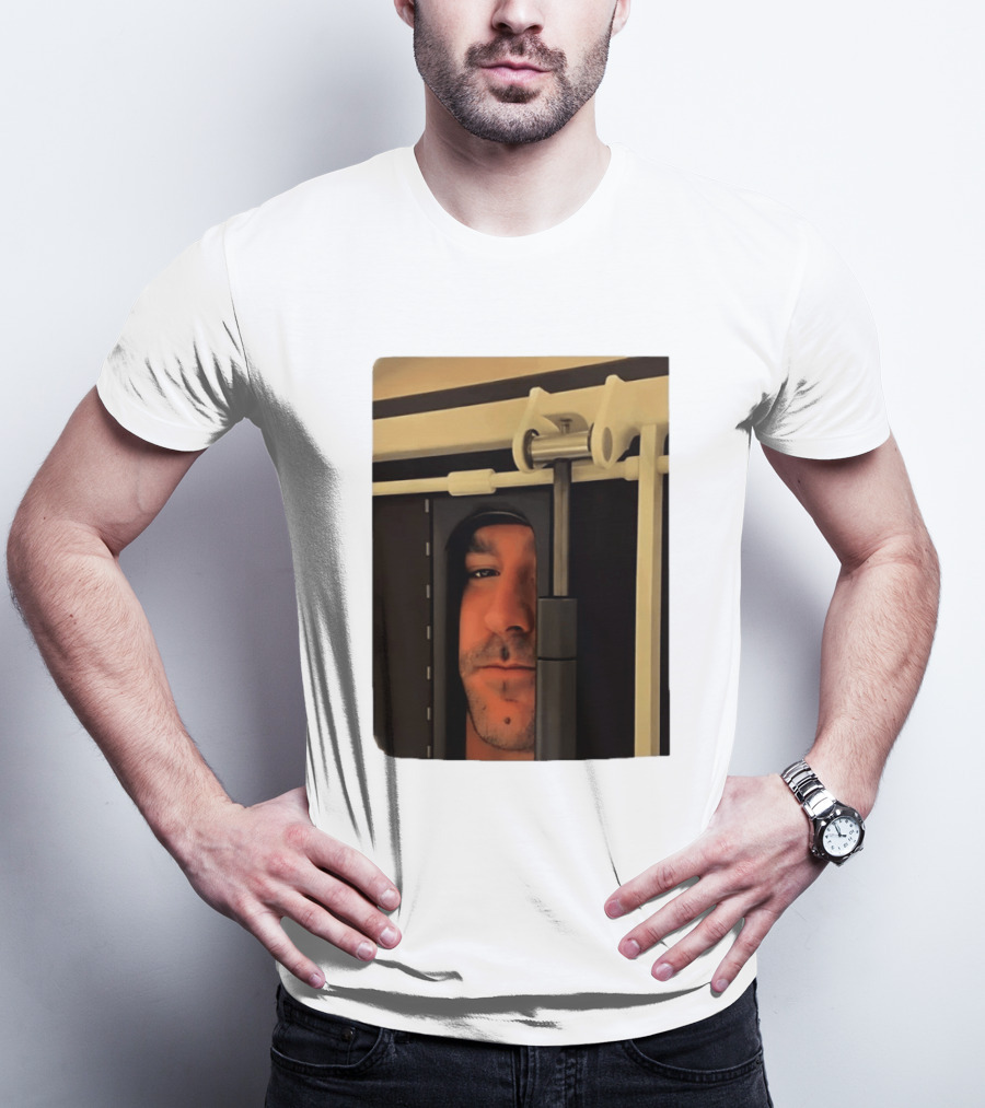 Man Peeking Through Door Face Hidden Observation Doorway T-Shirt