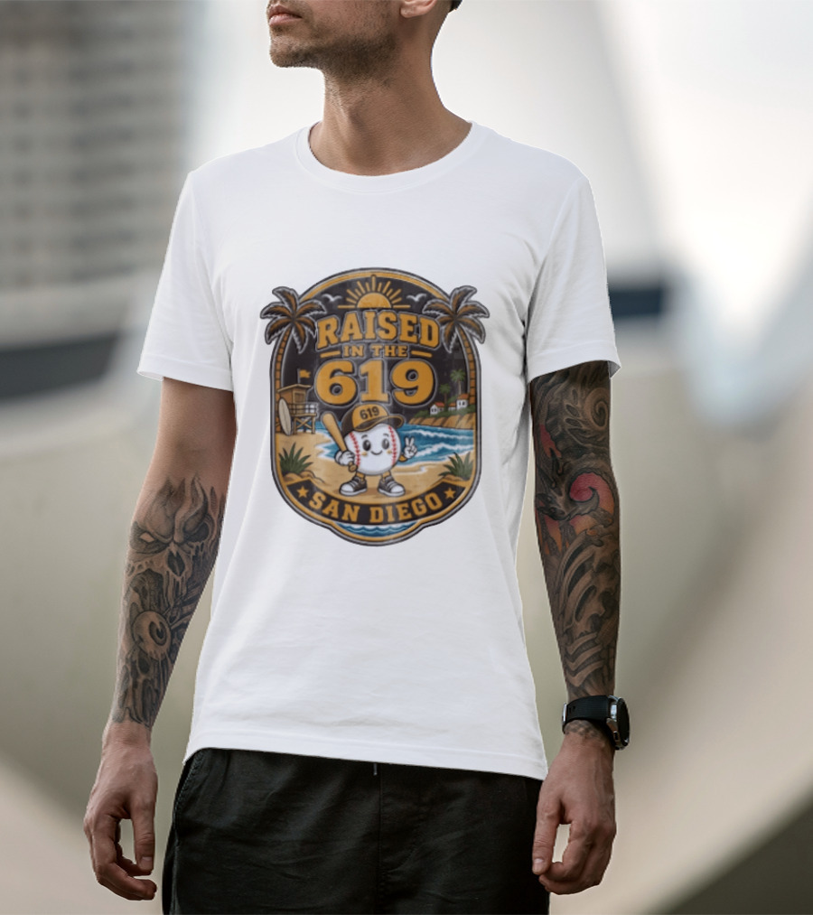 Raised In The 619 Baseball Character San Diego Beach Sunset Palm Trees T-Shirt