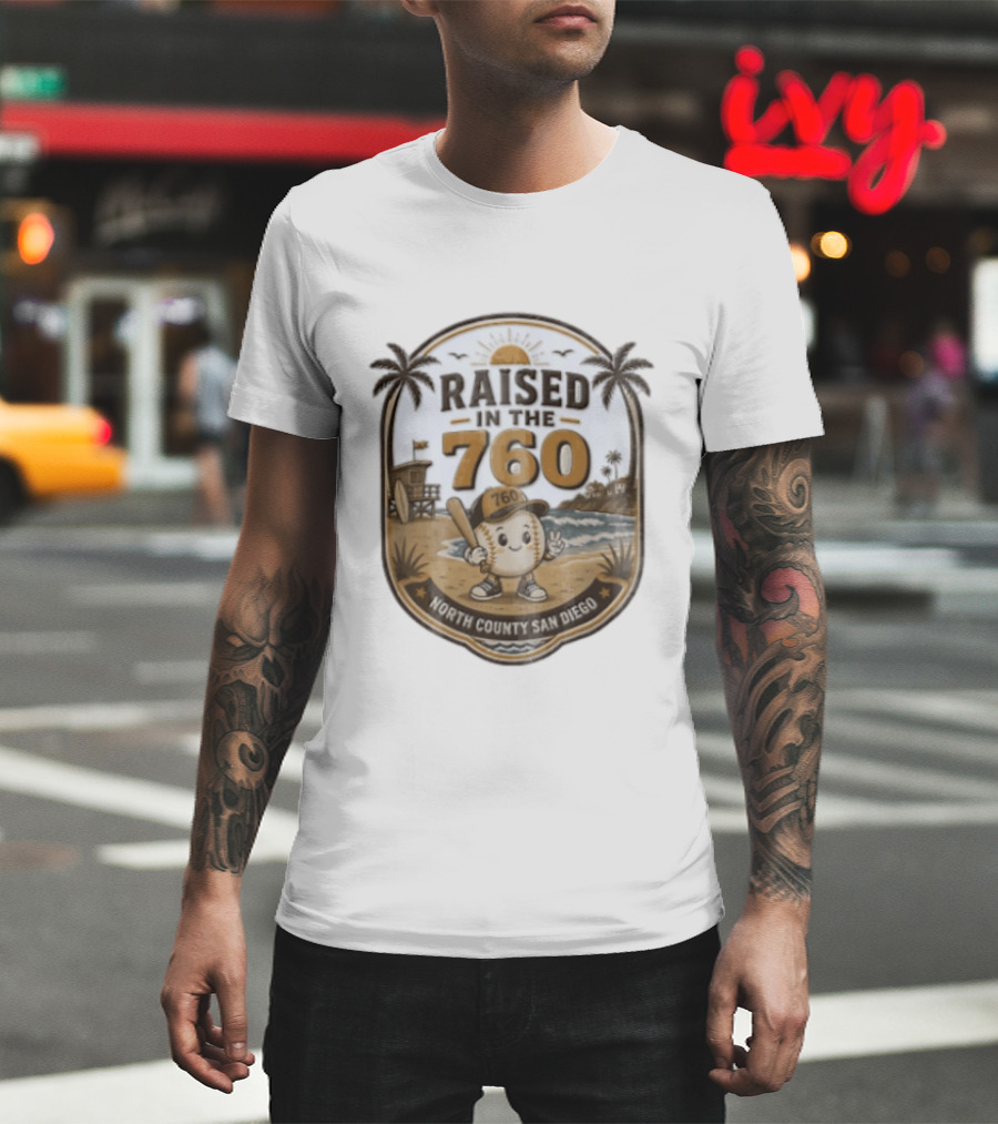 Raised In The 760 North County San Diego Beach Baseball Palms Waves Lifeguard Tower T-Shirt