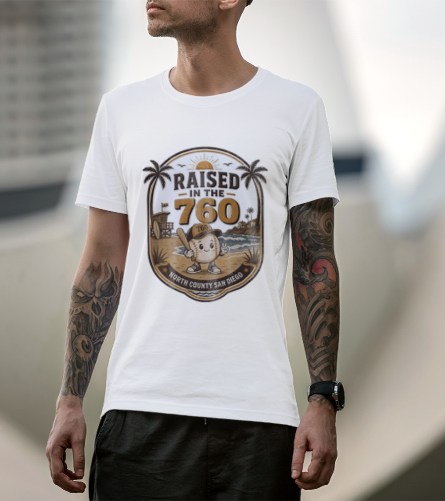 Raised In The 760 North County San Diego Beach Baseball Palms Waves Lifeguard Tower T-Shirt
