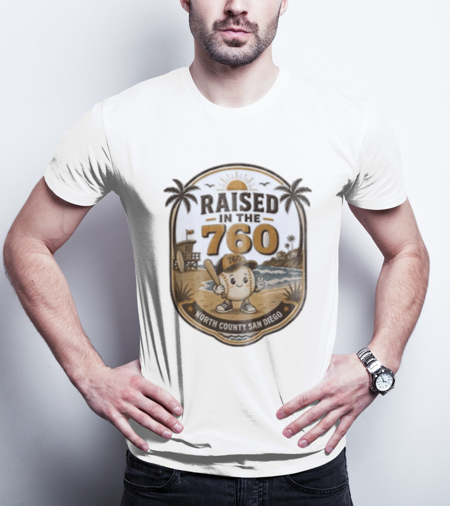 Raised In The 760 North County San Diego Beach Baseball Palms Waves Lifeguard Tower T-Shirt