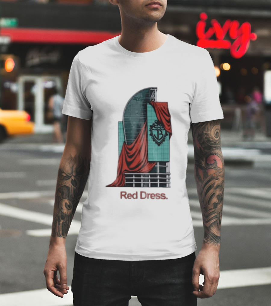 Red Dress Red Drapes Over Modern Skyscraper With Shield T-Shirt