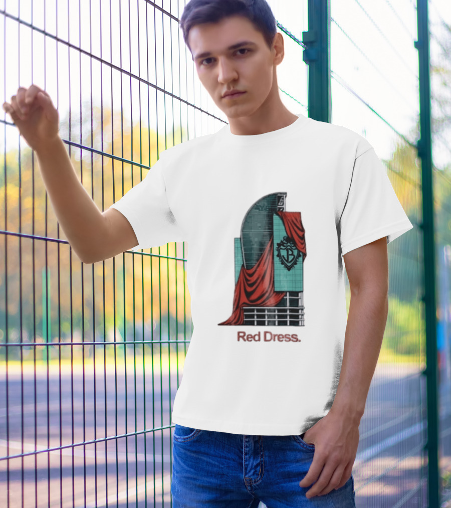 Red Dress Red Drapes Over Modern Skyscraper With Shield T-Shirt
