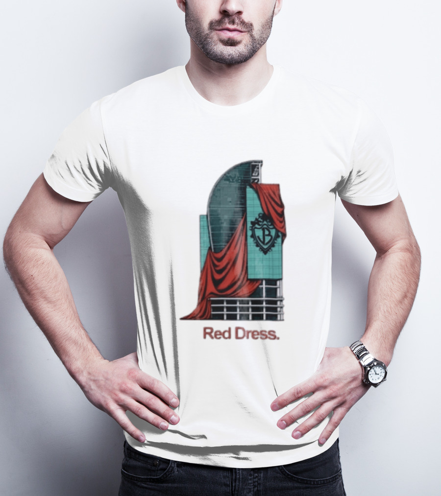 Red Dress Red Drapes Over Modern Skyscraper With Shield T-Shirt