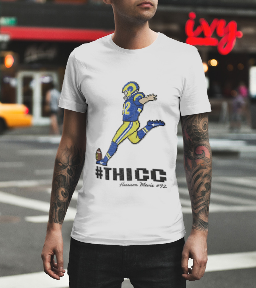 #THICC Harrison Mevis 92 Pixel Football Player In Blue And Yellow Uniform T-Shirt