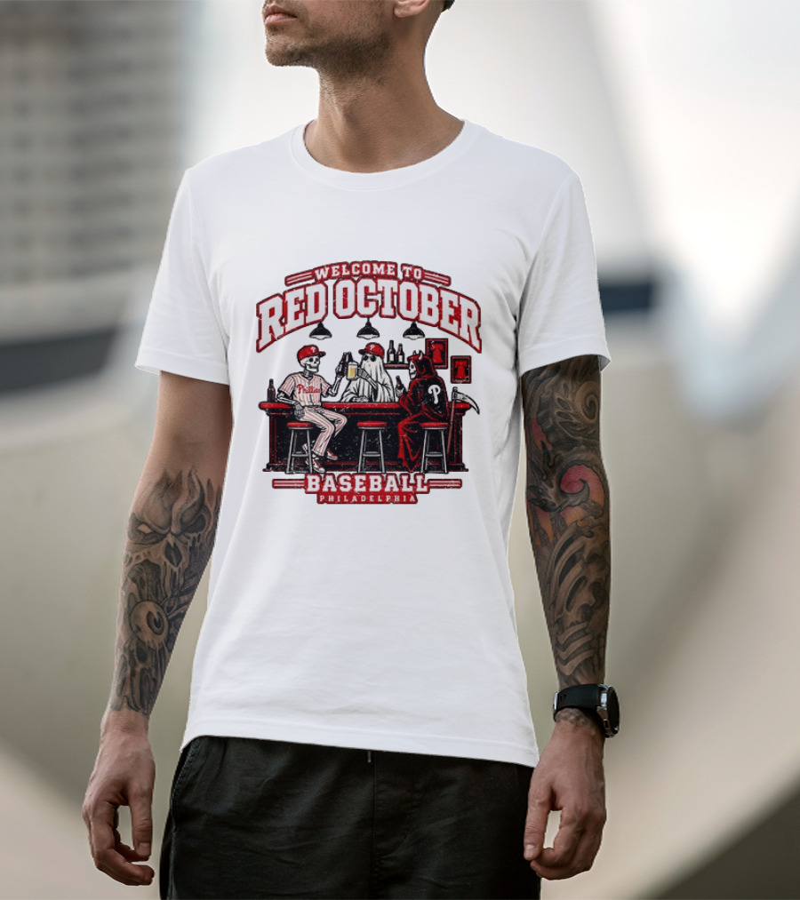 Welcome To Red October Baseball Philadelphia Halloween Skeletons And Ghost At Bar T-Shirt