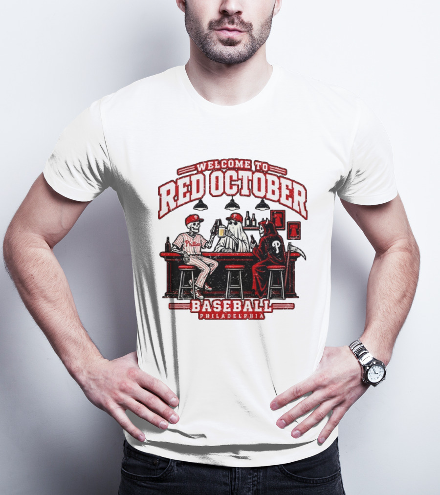 Welcome To Red October Baseball Philadelphia Halloween Skeletons And Ghost At Bar T-Shirt