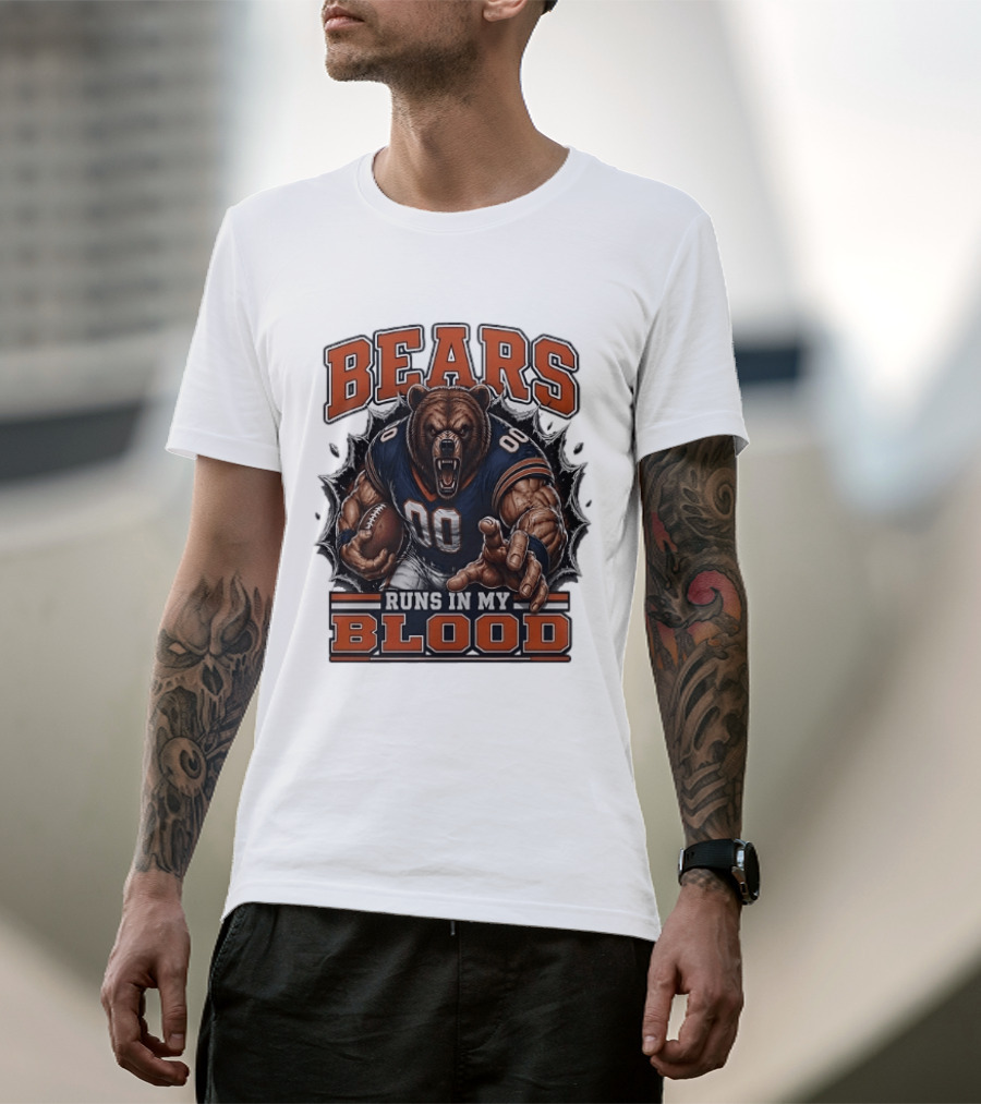 Bears Runs In My Blood Football Fierce Bear Holding Ball T-Shirt