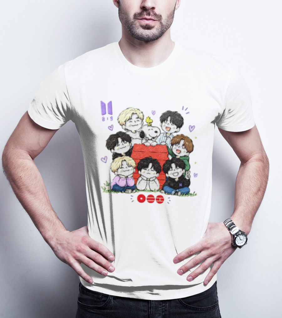 Snoopy Woodstock Peanuts BTS Members Cartoon Illustration Collaboration T-Shirt