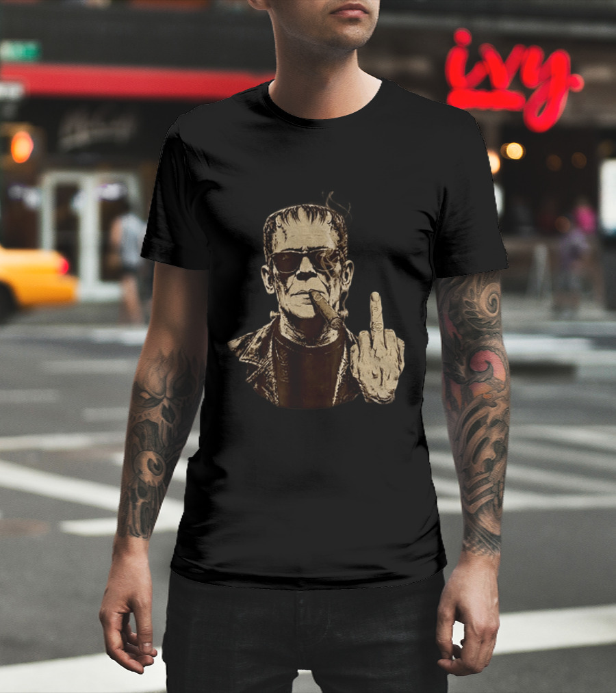 Frankenstein Cigar Middle Finger Smoking Horror Halloween T-Shirt