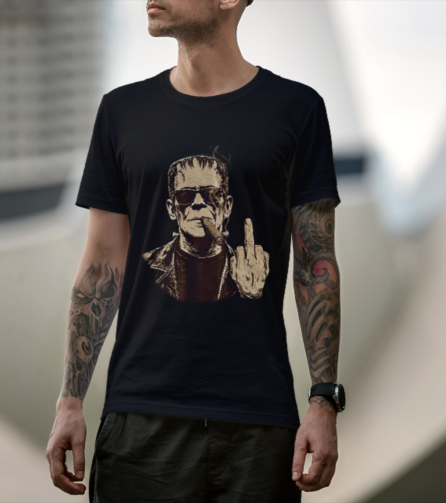 Frankenstein Cigar Middle Finger Smoking Horror Halloween T-Shirt