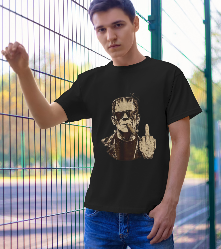Frankenstein Cigar Middle Finger Smoking Horror Halloween T-Shirt