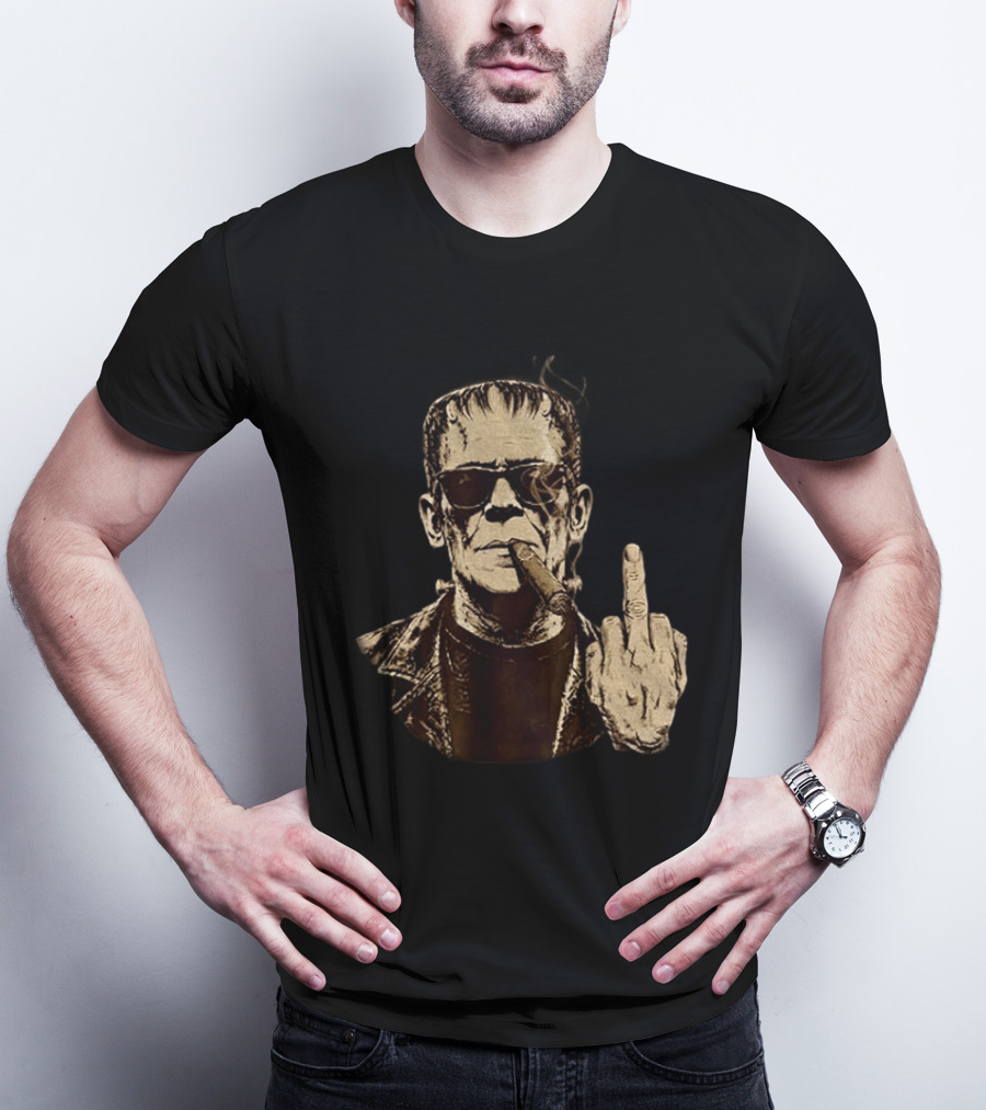 Frankenstein Cigar Middle Finger Smoking Horror Halloween T-Shirt
