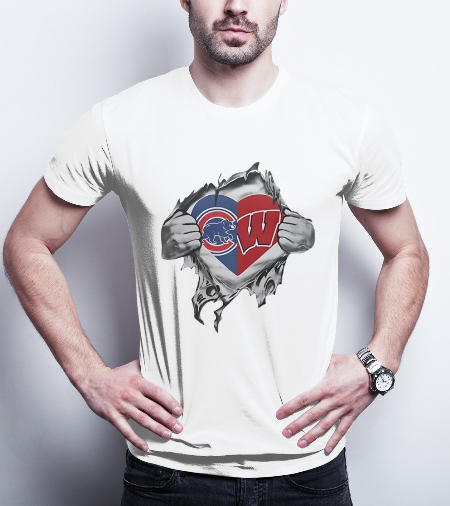 Chicago Cubs And Wisconsin Badgers Heart Rip T-Shirt