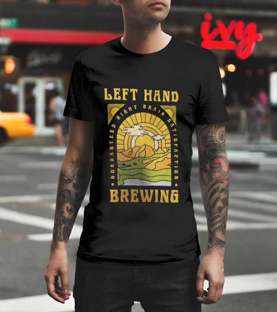 Left Hand Brewing Guaranteed Right Brain Satisfaction Sunburst River Landscape T-Shirt