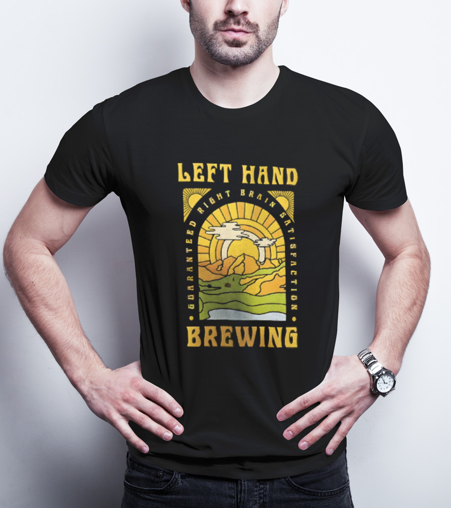 Left Hand Brewing Guaranteed Right Brain Satisfaction Sunburst River Landscape T-Shirt