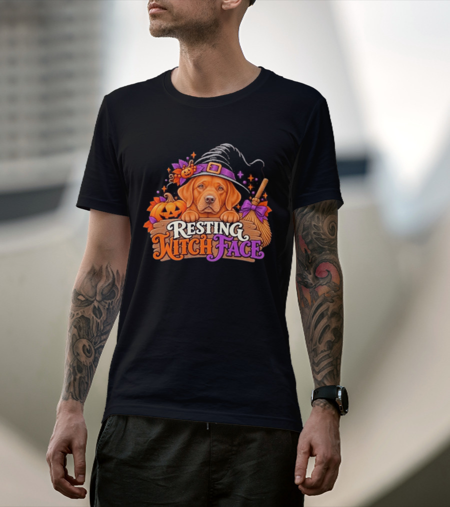 Resting Witch Face Dog Witch Hat Pumpkin Broom Halloween T-Shirt