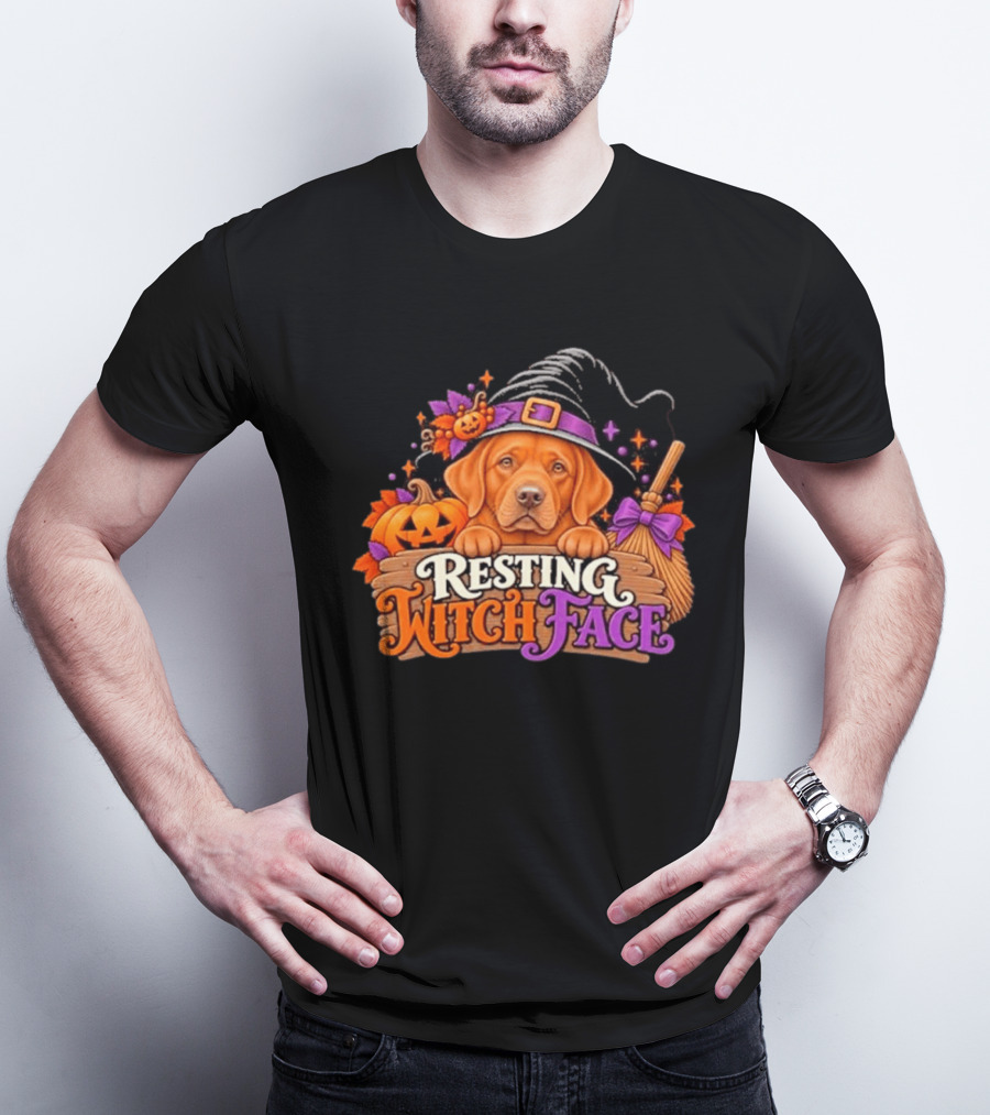 Resting Witch Face Dog Witch Hat Pumpkin Broom Halloween T-Shirt
