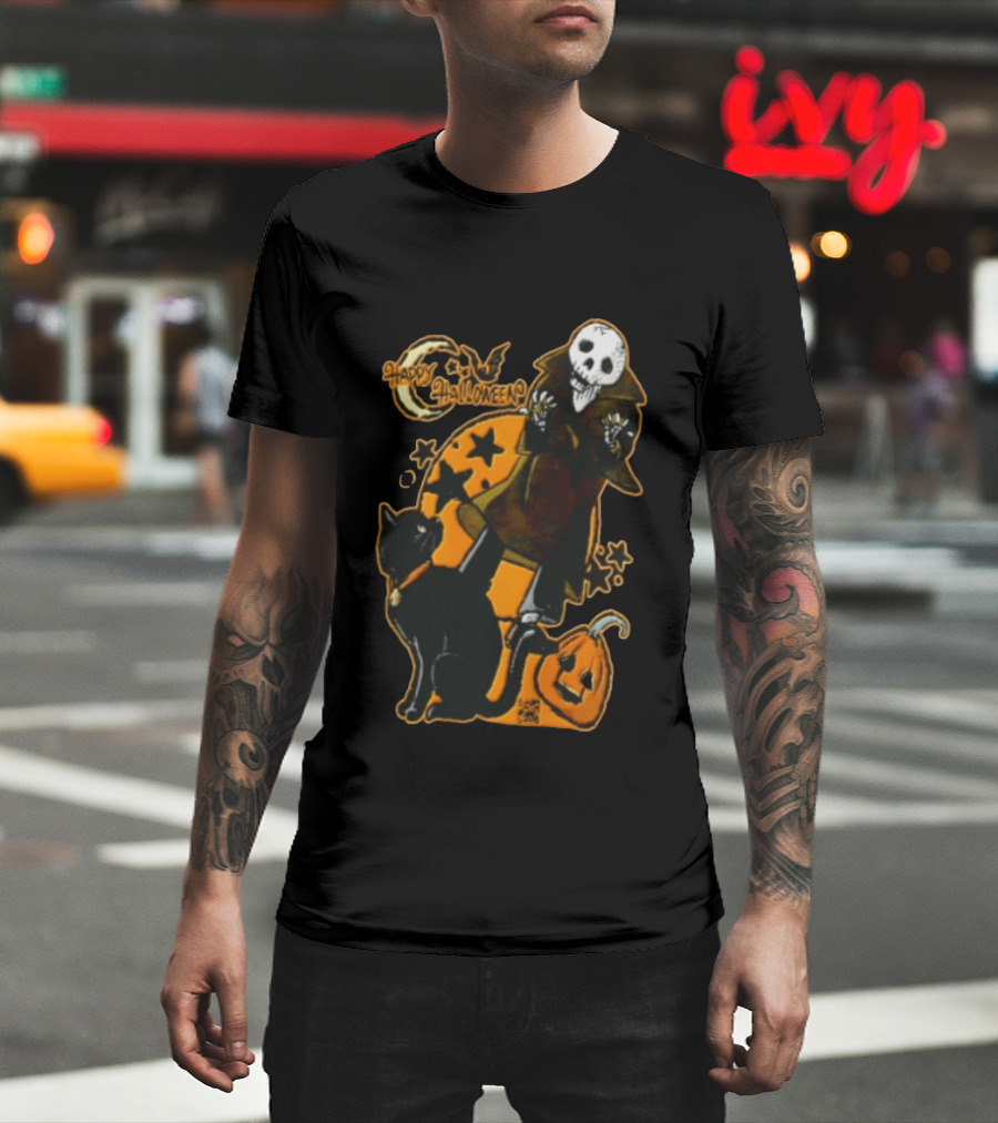 Happy Halloween Skeleton With Black Cat And Pumpkin T-Shirt