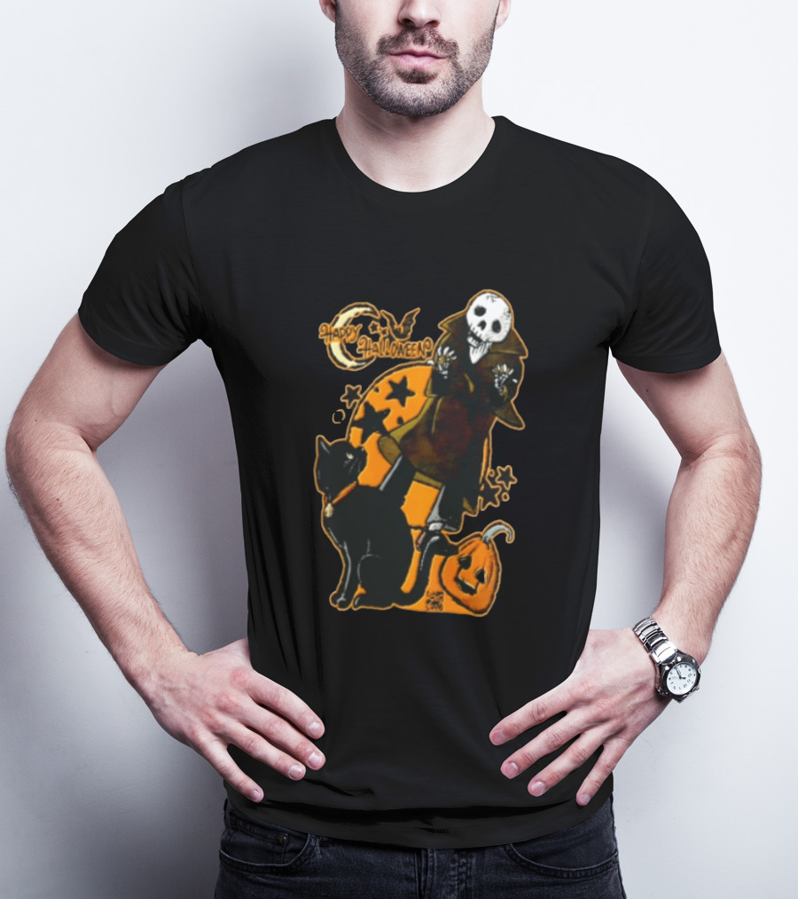 Happy Halloween Skeleton With Black Cat And Pumpkin T-Shirt