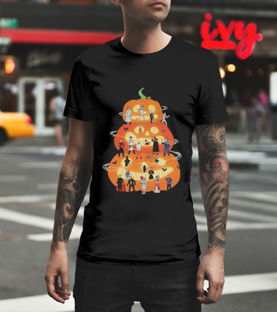 Horror Movie Icons Halloween Pumpkin Stack Villains T-Shirt