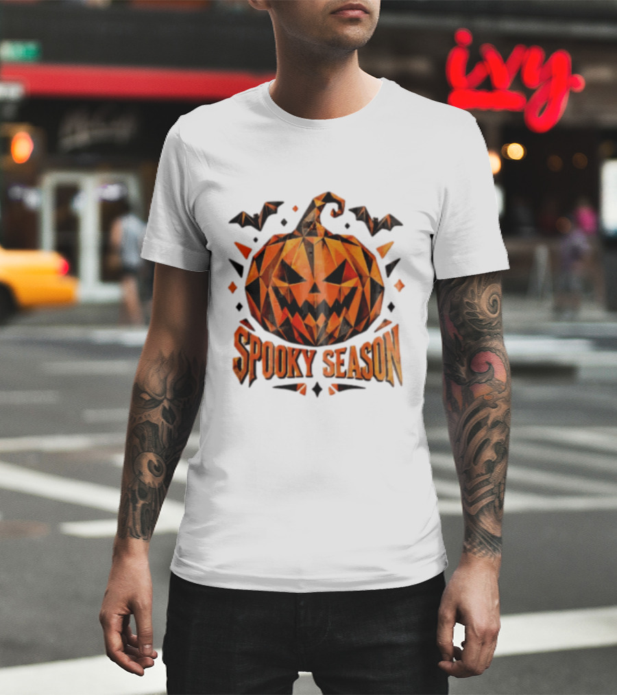 Spooky Season Geometric Pumpkin Halloween Bats T-Shirt