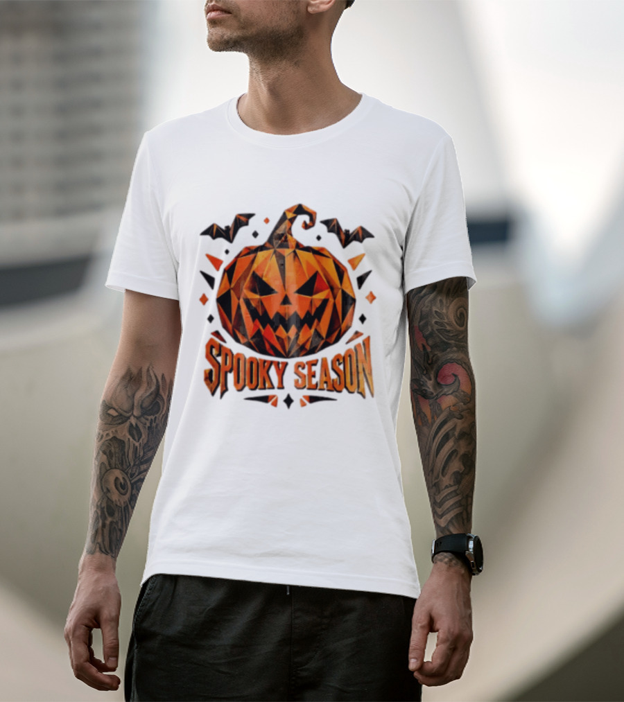 Spooky Season Geometric Pumpkin Halloween Bats T-Shirt