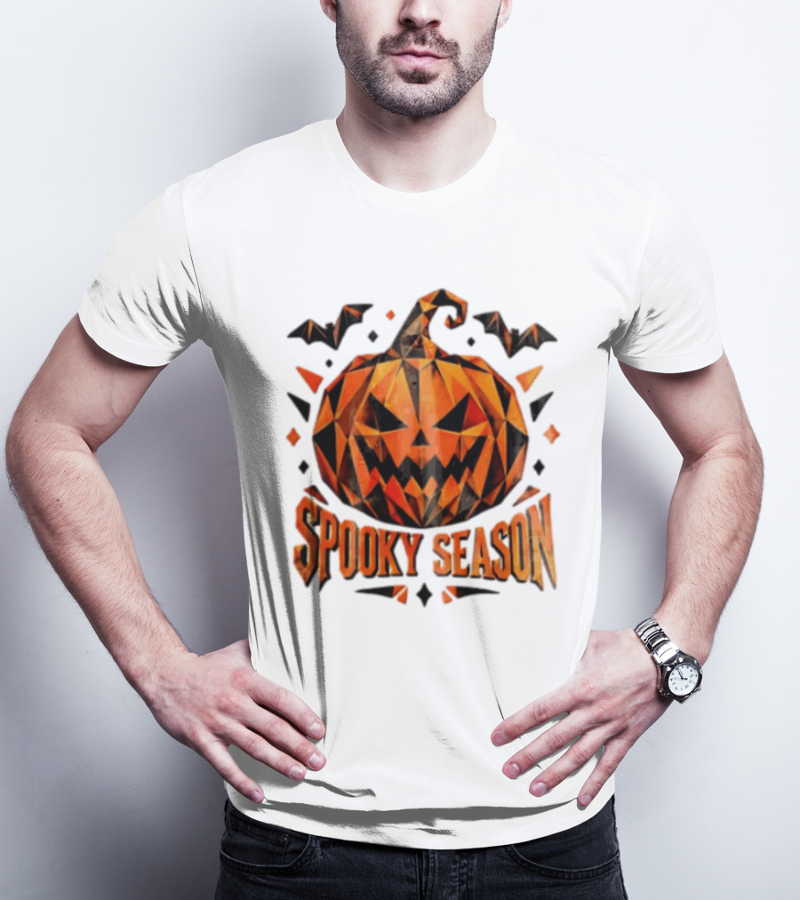 Spooky Season Geometric Pumpkin Halloween Bats T-Shirt