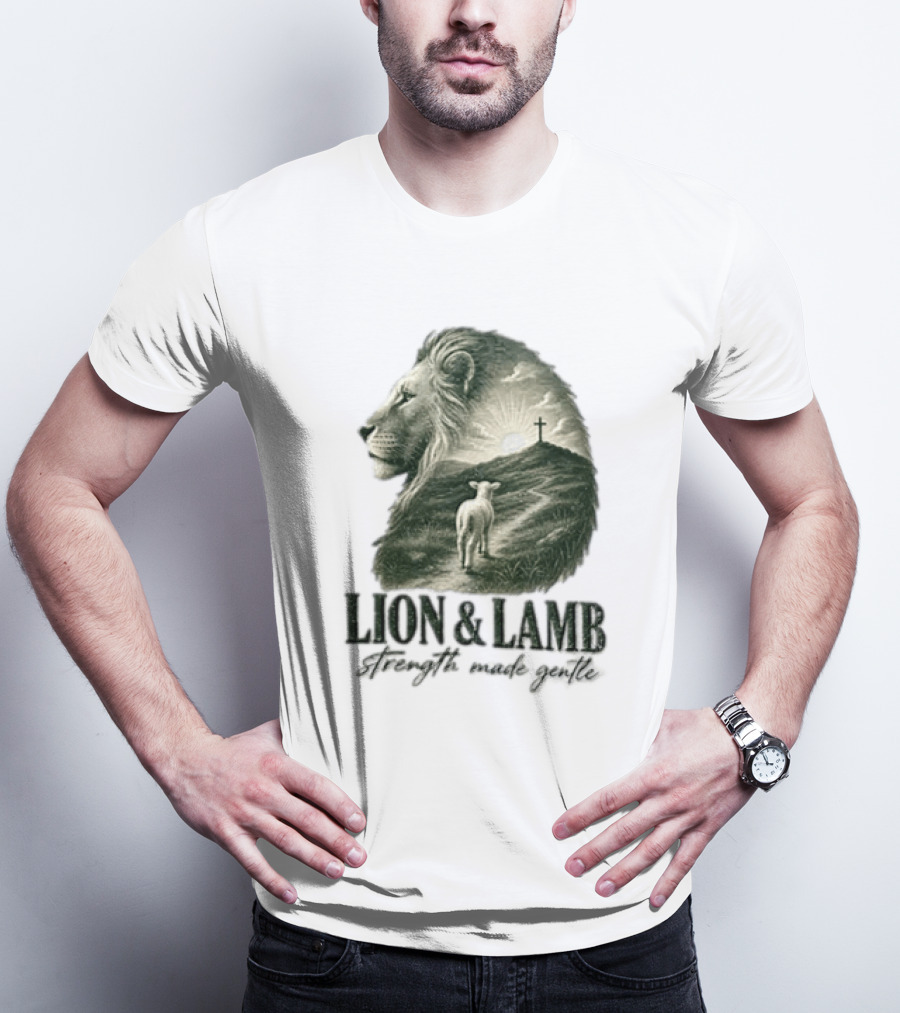 Lion And Lamb Strength Made Gentle Jesus Christ Cross Calvary Christian Faith T-Shirt