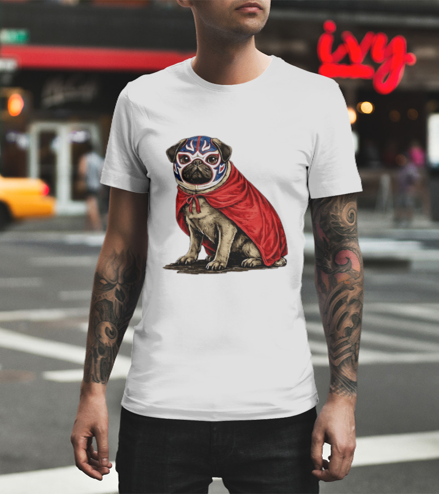 Lucha Libre Pug Red Cape Mexican Wrestling Dog Mask T-Shirt