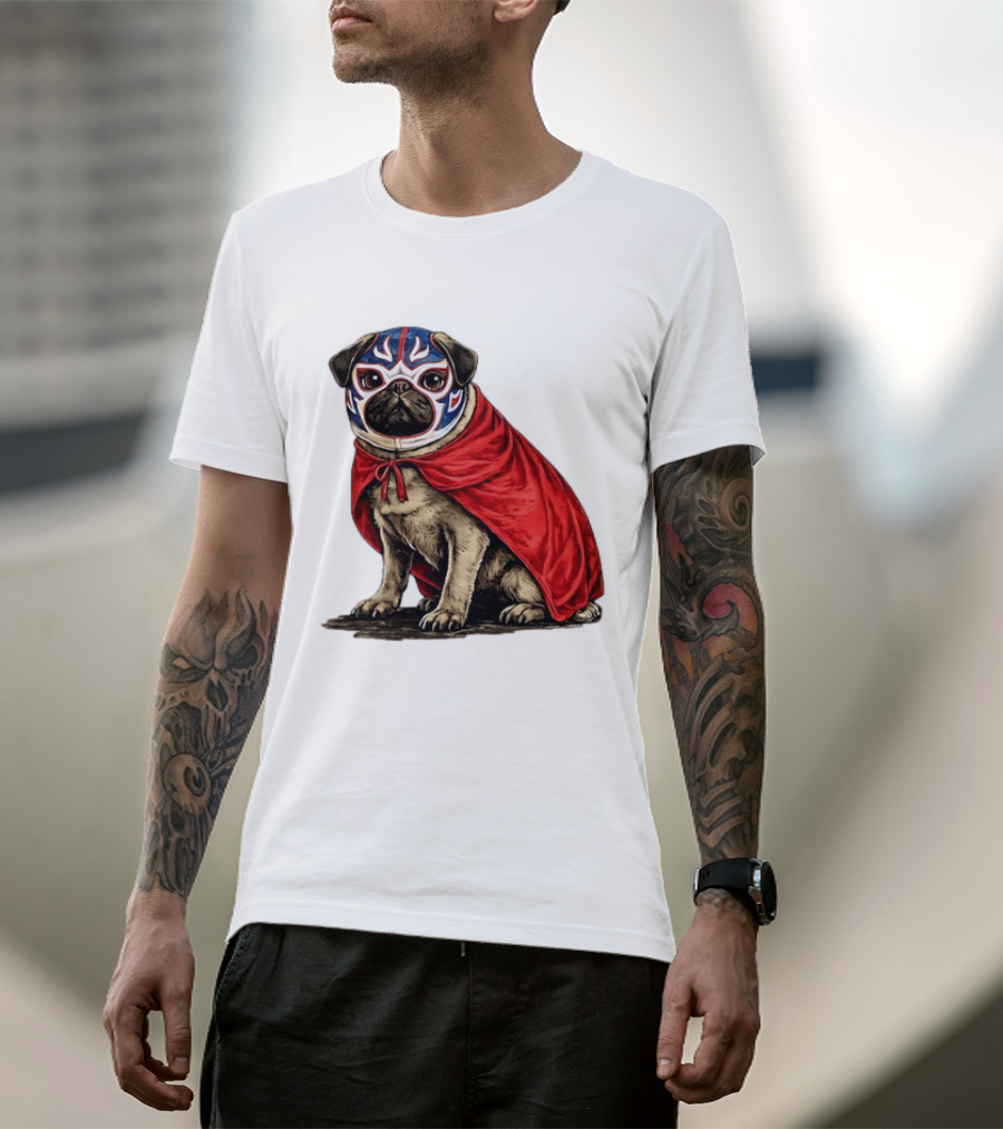 Lucha Libre Pug Red Cape Mexican Wrestling Dog Mask T-Shirt