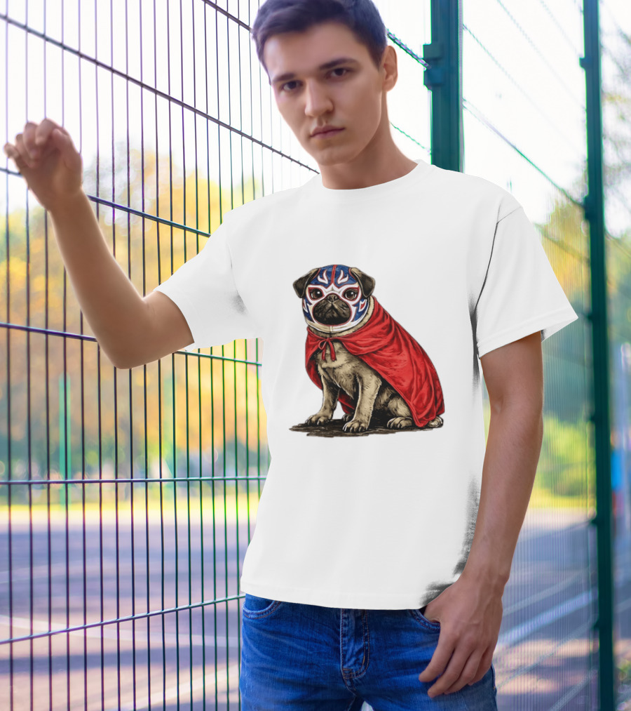 Lucha Libre Pug Red Cape Mexican Wrestling Dog Mask T-Shirt