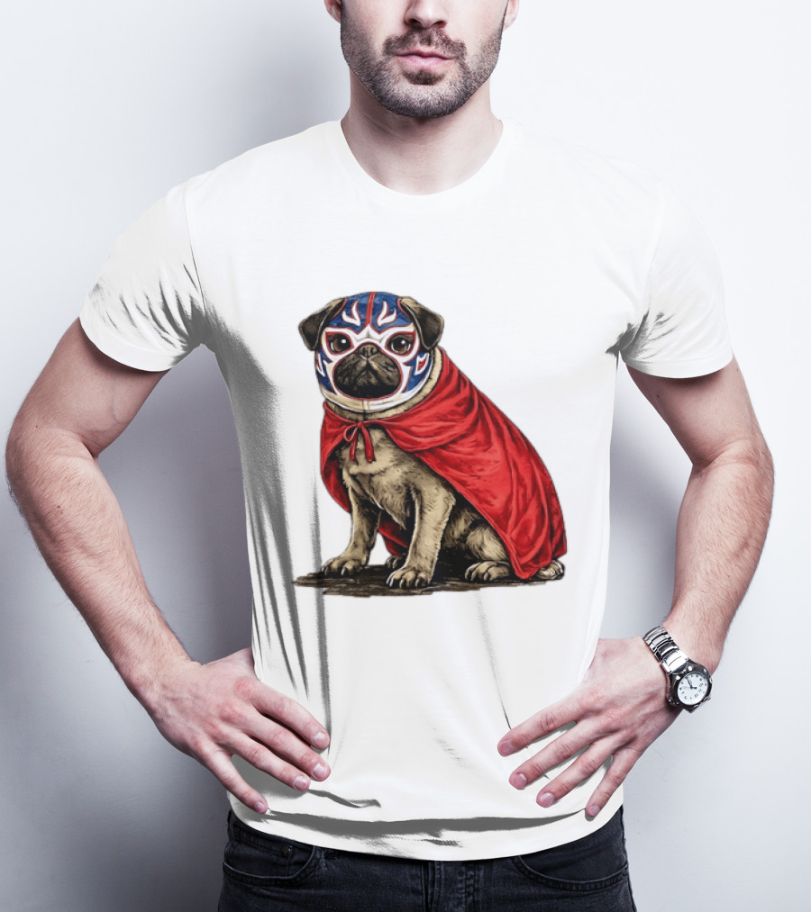 Lucha Libre Pug Red Cape Mexican Wrestling Dog Mask T-Shirt