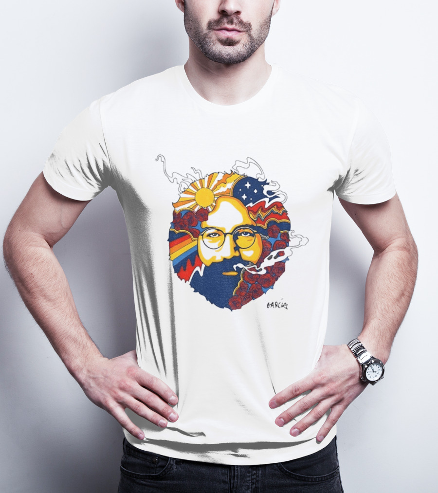 Psychedelic Jerry Garcia Face Sun Waves Stars Roses T-Shirt
