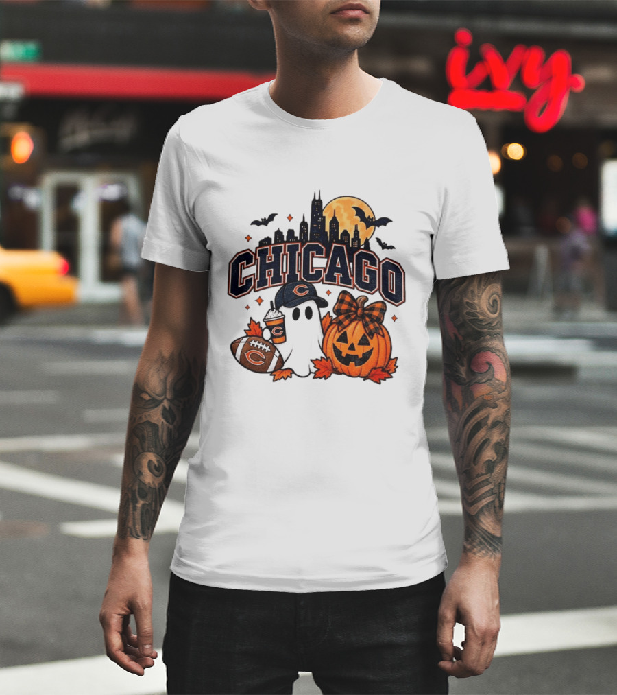 Chicago Bears Halloween Ghost Pumpkin Football Skyline Moon T-Shirt