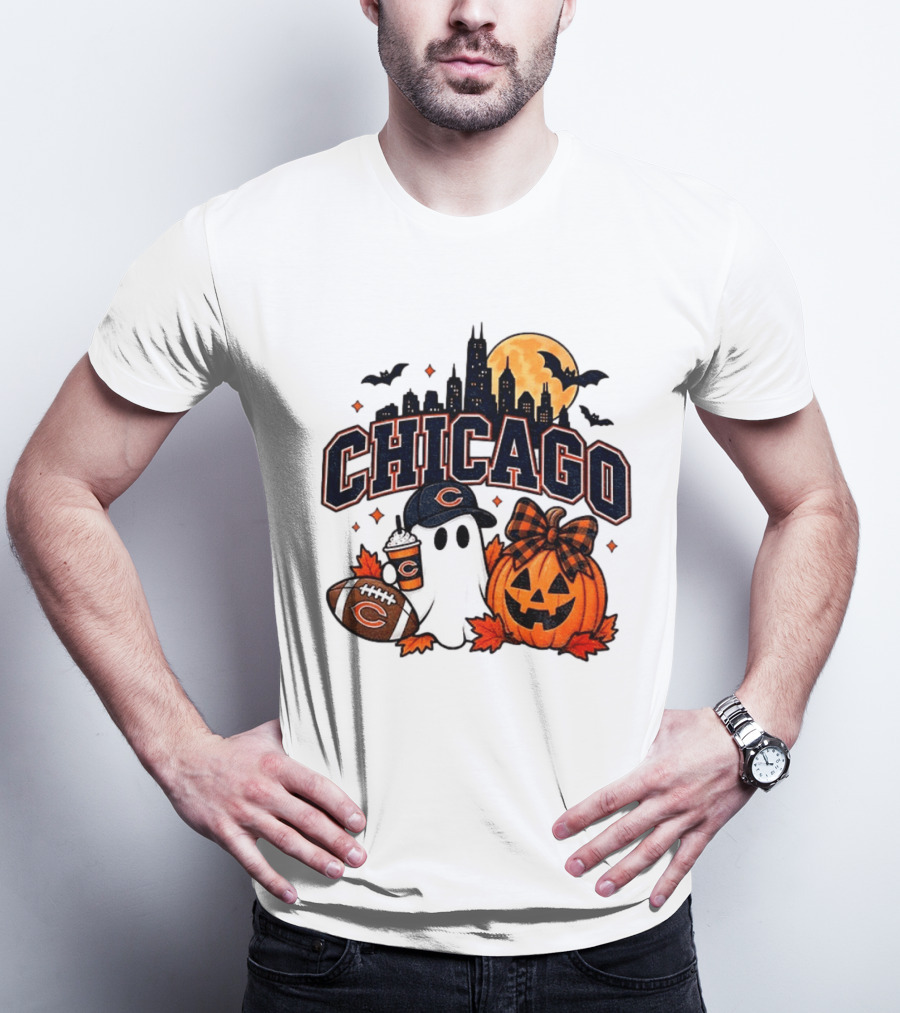 Chicago Bears Halloween Ghost Pumpkin Football Skyline Moon T-Shirt