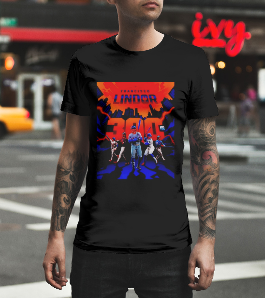 Francisco Lindor New York Mets 300 HR City Skyline Baseball Milestone T-Shirt