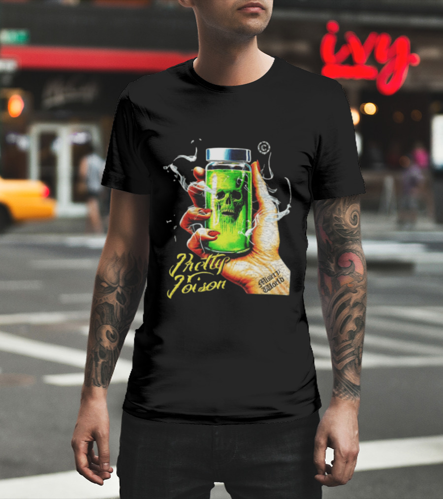 Pretty Poison Misery World Skull Bottle In Hand T-Shirt