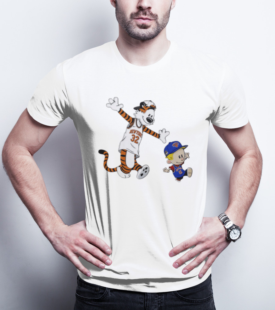 Calvin And Hobbes In New York Knicks NBA Jerseys With Classic Cartoon T-Shirt
