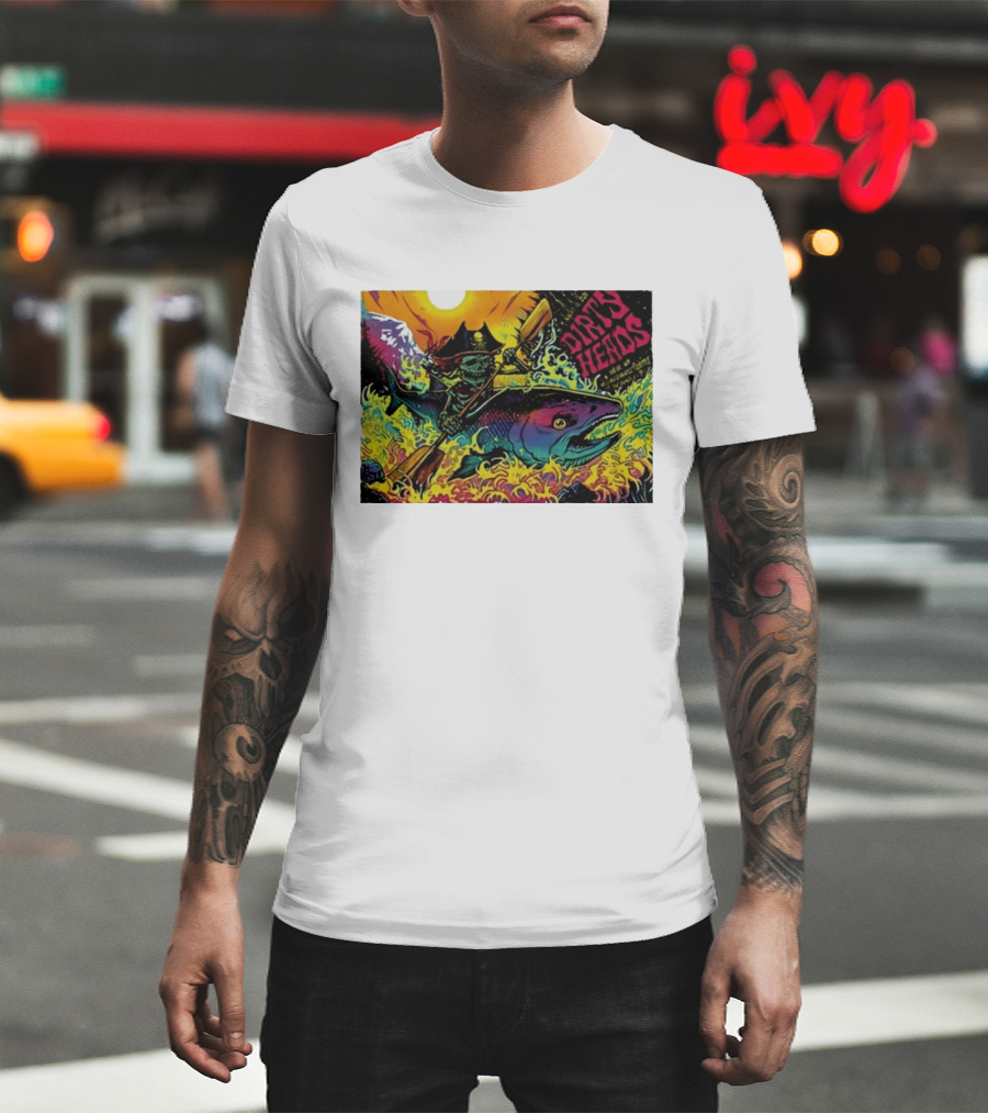 Dirty Heads Pirate Skeleton Kayaking Giant Fish Psychedelic Adventure T-Shirt