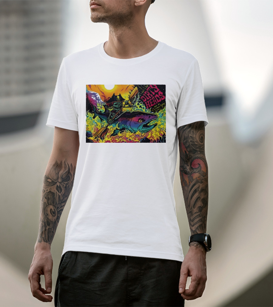 Dirty Heads Pirate Skeleton Kayaking Giant Fish Psychedelic Adventure T-Shirt