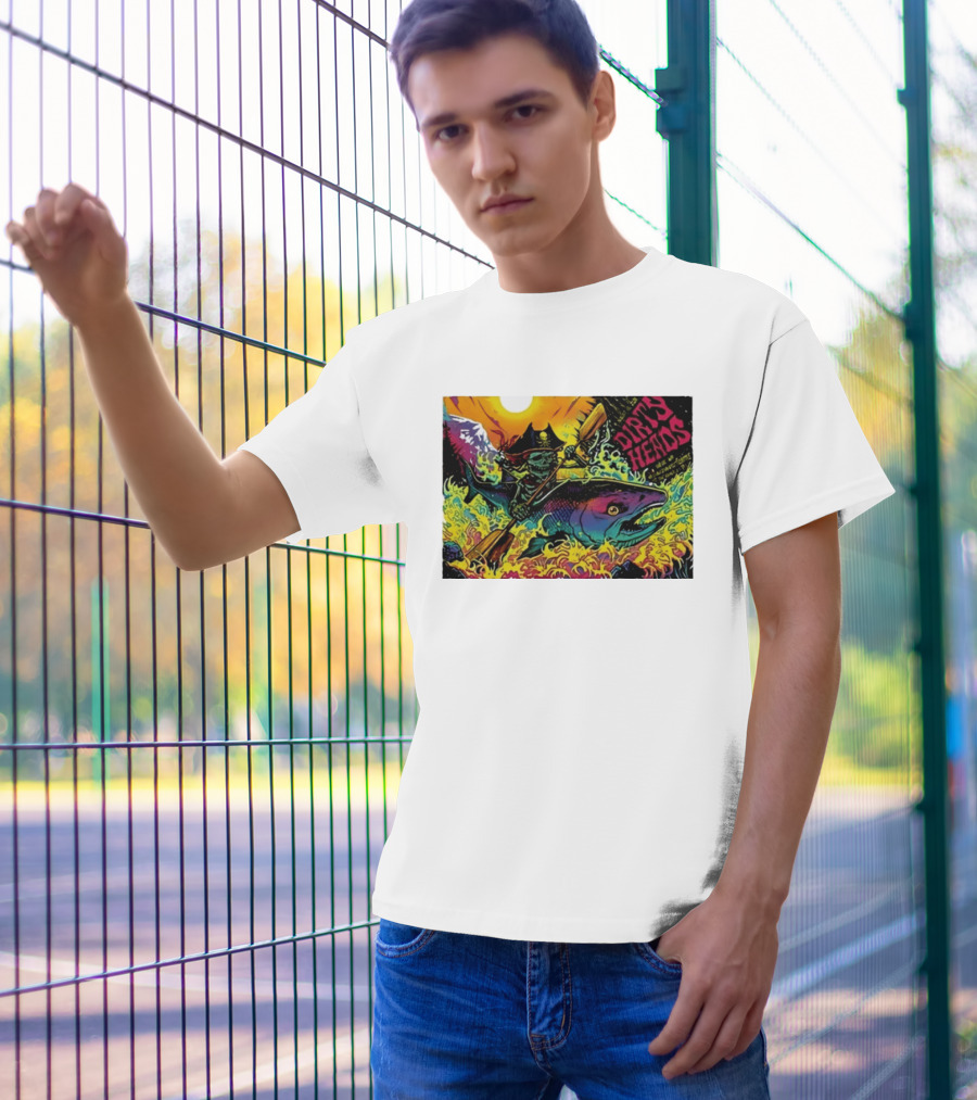 Dirty Heads Pirate Skeleton Kayaking Giant Fish Psychedelic Adventure T-Shirt