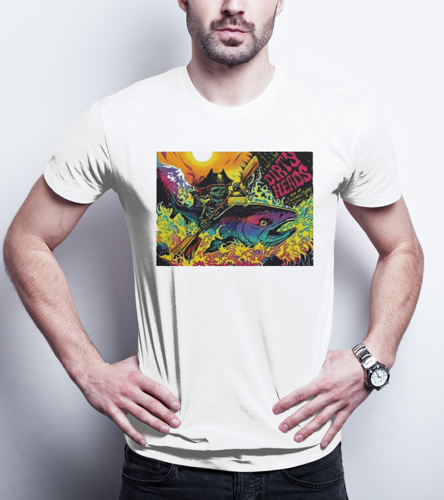 Dirty Heads Pirate Skeleton Kayaking Giant Fish Psychedelic Adventure T-Shirt