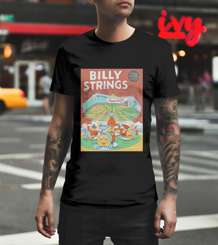 Billy Strings Denver Colorado 2026 Ball Arena Paramount Theatre September Concert Featuring Train Carousel Illustrations T-Shirt