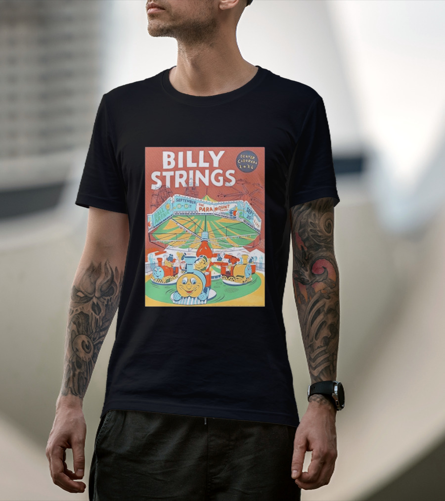 Billy Strings Denver Colorado 2026 Ball Arena Paramount Theatre September Concert Featuring Train Carousel Illustrations T-Shirt