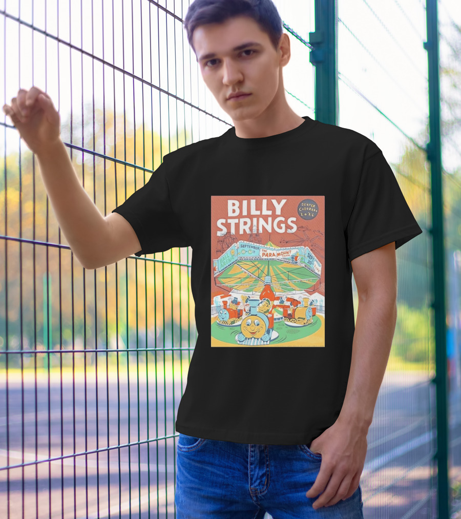 Billy Strings Denver Colorado 2026 Ball Arena Paramount Theatre September Concert Featuring Train Carousel Illustrations T-Shirt