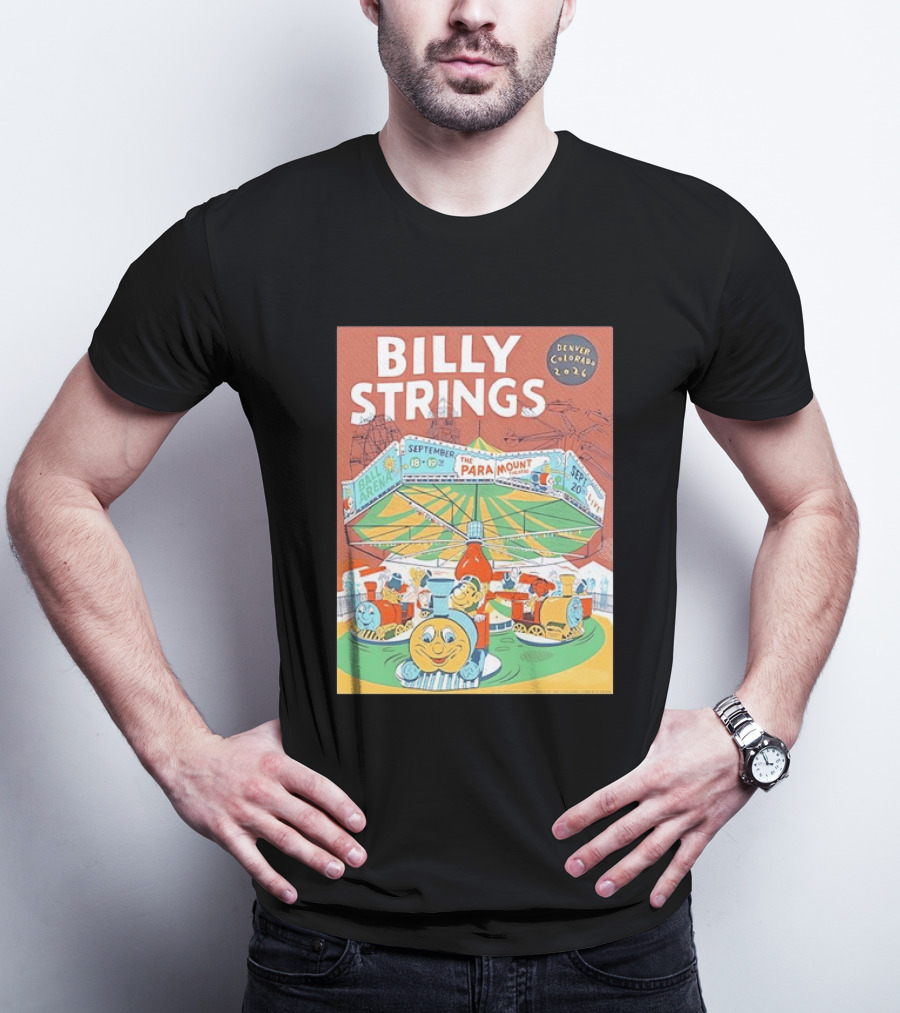 Billy Strings Denver Colorado 2026 Ball Arena Paramount Theatre September Concert Featuring Train Carousel Illustrations T-Shirt